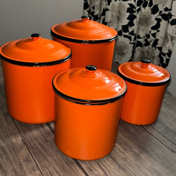 Kitchen | Vintage Metal Kitchen Canisters Canister Set Orange Black ...